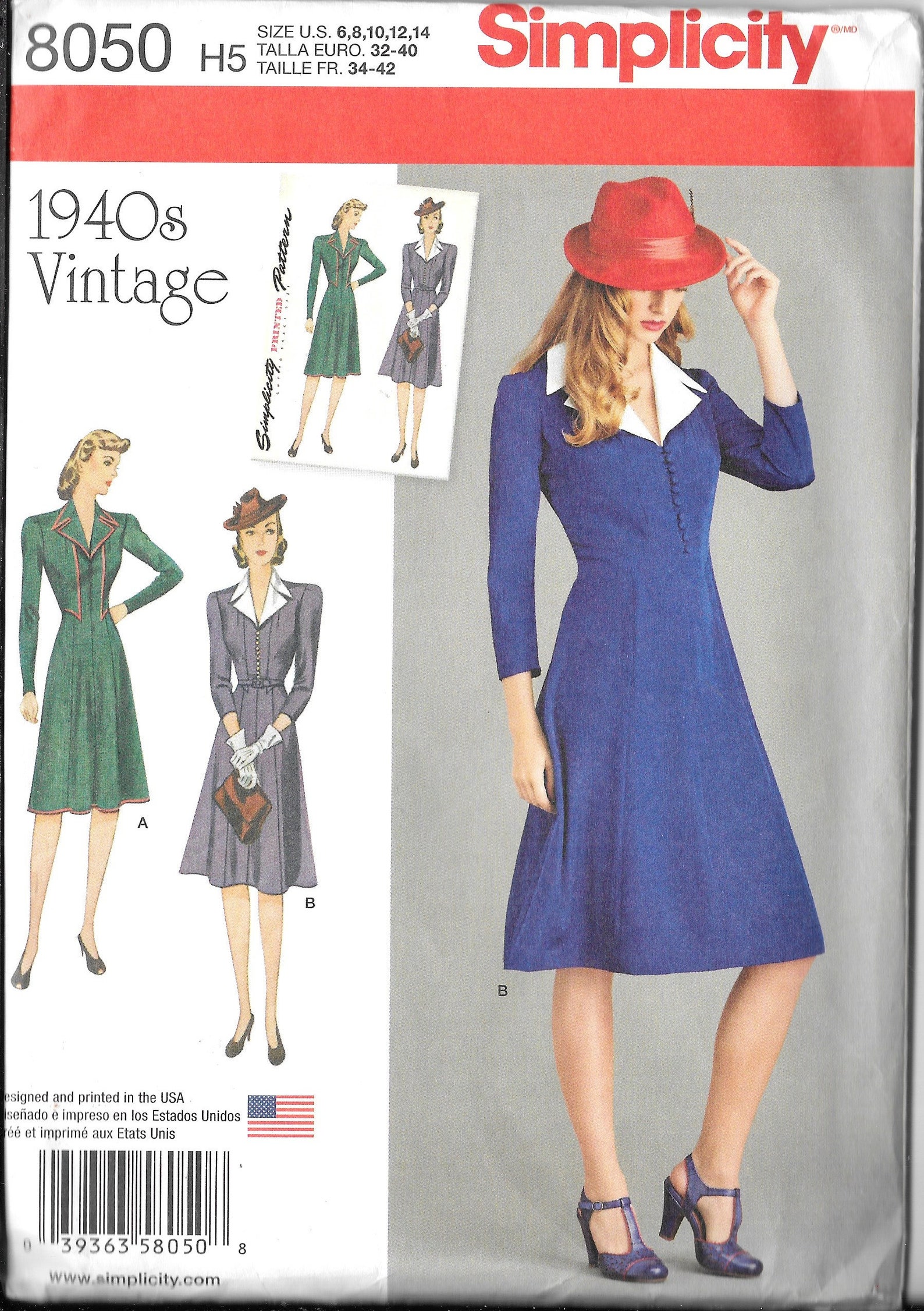 Wartime Era Button Front Dress Pattern 1940s Vintage Simplicity 8050 Sz ...