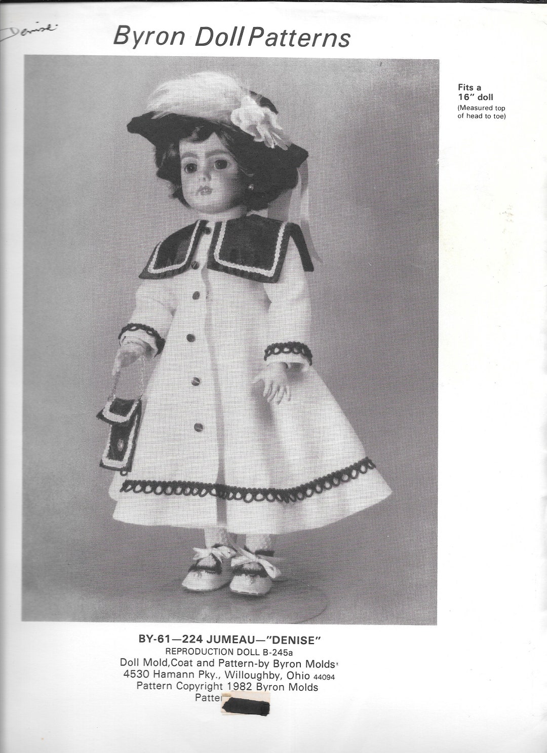 16 Denise Jumeau Doll Clothing Outfit Byron Doll Pattern BY-61-224 ...