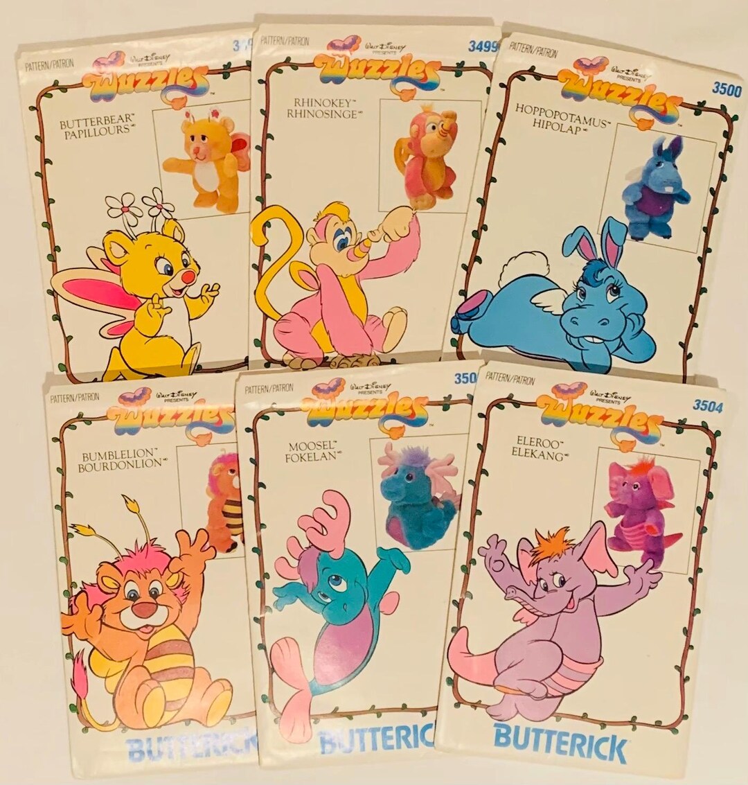 6 Disney Wuzzles Stuffed Plush Toy Animal Patterns Butterick 3498, 3499 ...