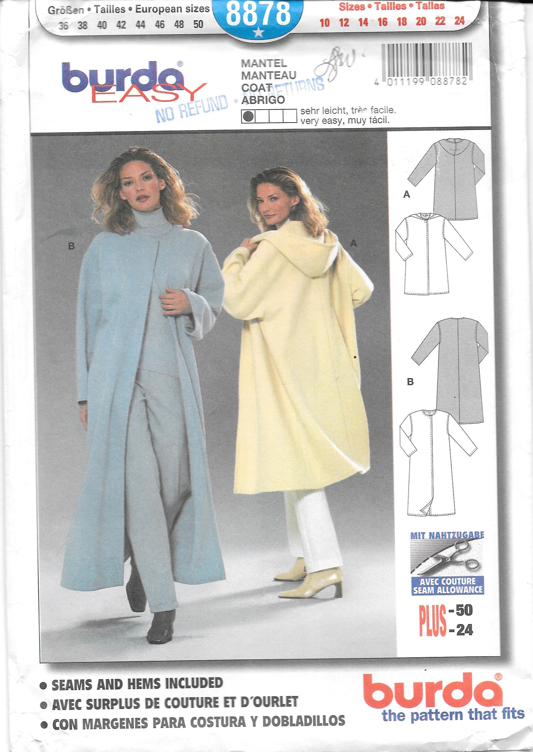 EZ Loose-fitting Duster Jacket in 2 Lengths Optional Hood Pattern Burda ...