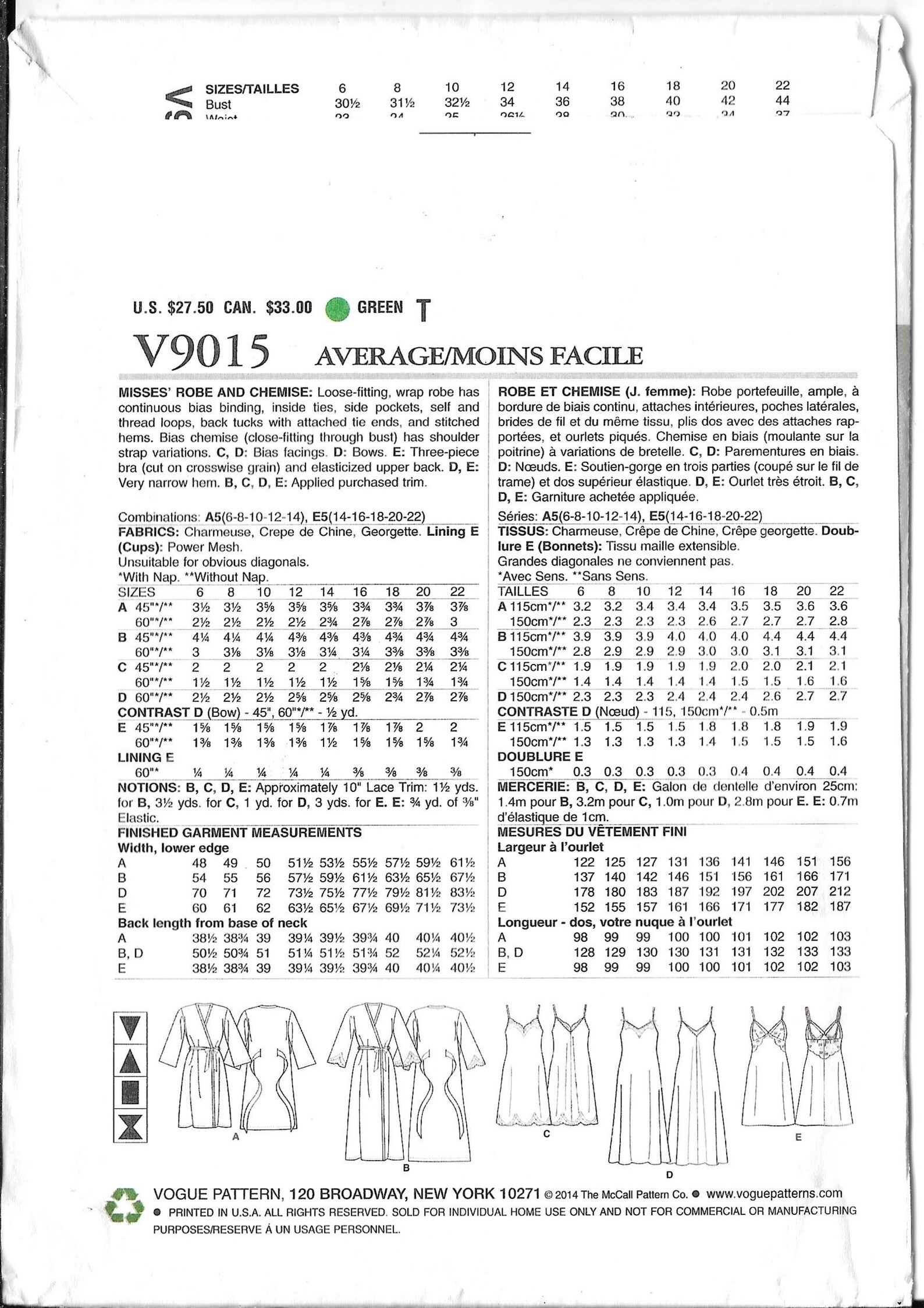 Silky Sheer Satiny 3-piece Bra Chemise Wrap Robe Pattern Vogue 9015 Sz ...