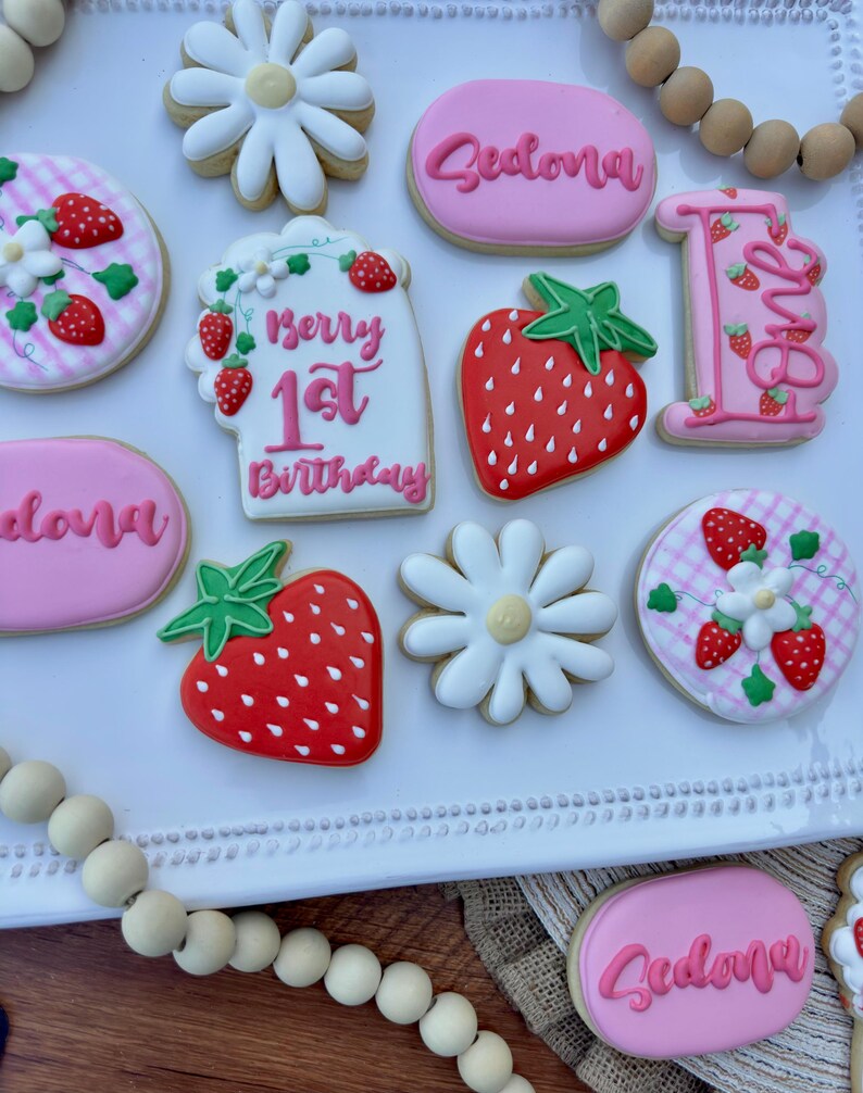 1 Dozen ‘berry 1st Birthday’ Themed Sweet One Strawberry Royal Icing ...