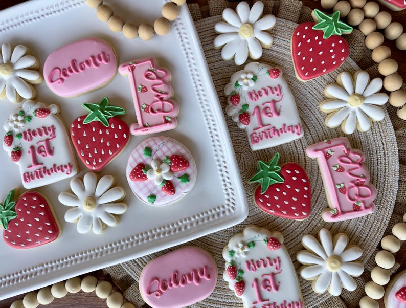 1 Dozen ‘berry 1st Birthday’ Themed Sweet One Strawberry Royal Icing ...