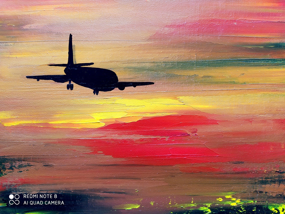 Plane in Sky Sunset Sunrise Oil Painting Original Sea Wall - Etsy UK