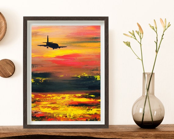 Plane in Sky Sunset Sunrise Oil Painting Original Sea Wall - Etsy