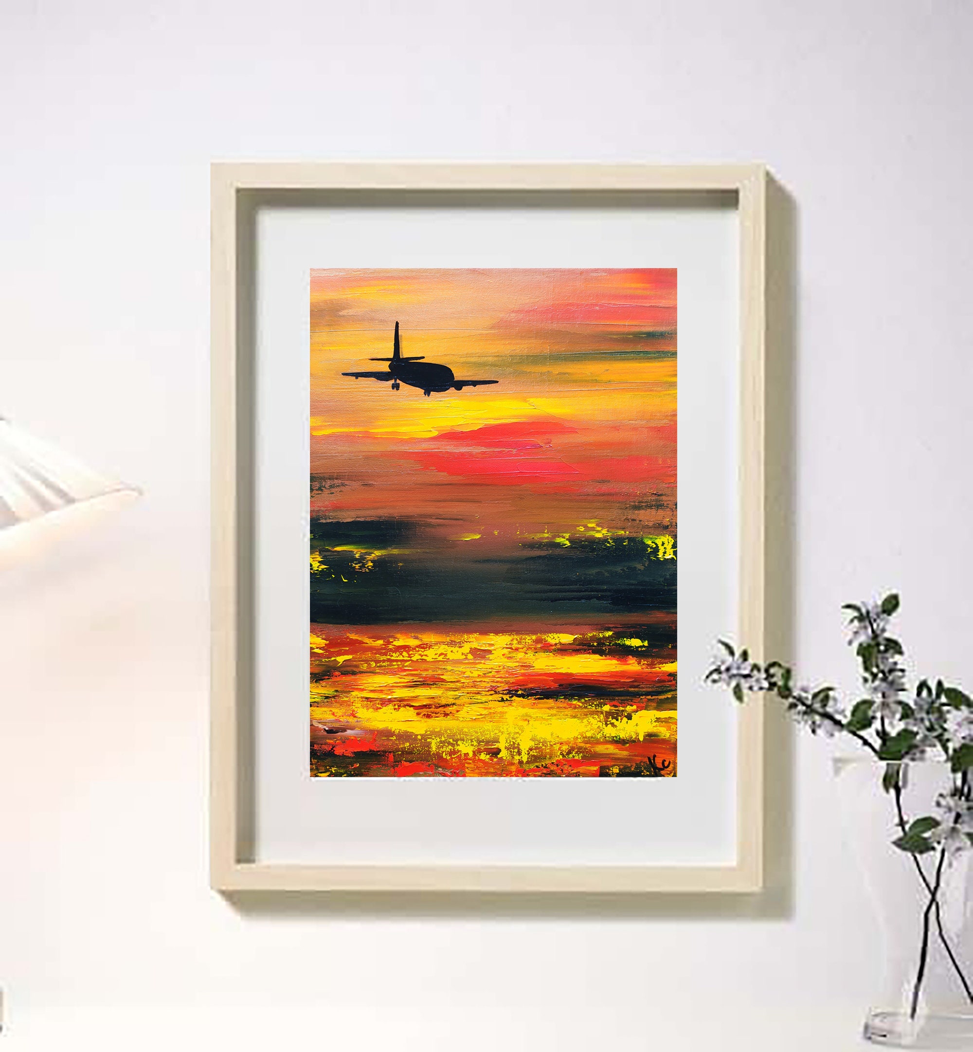 Plane in Sky Sunset Sunrise oil painting original Sea Wall | Etsy