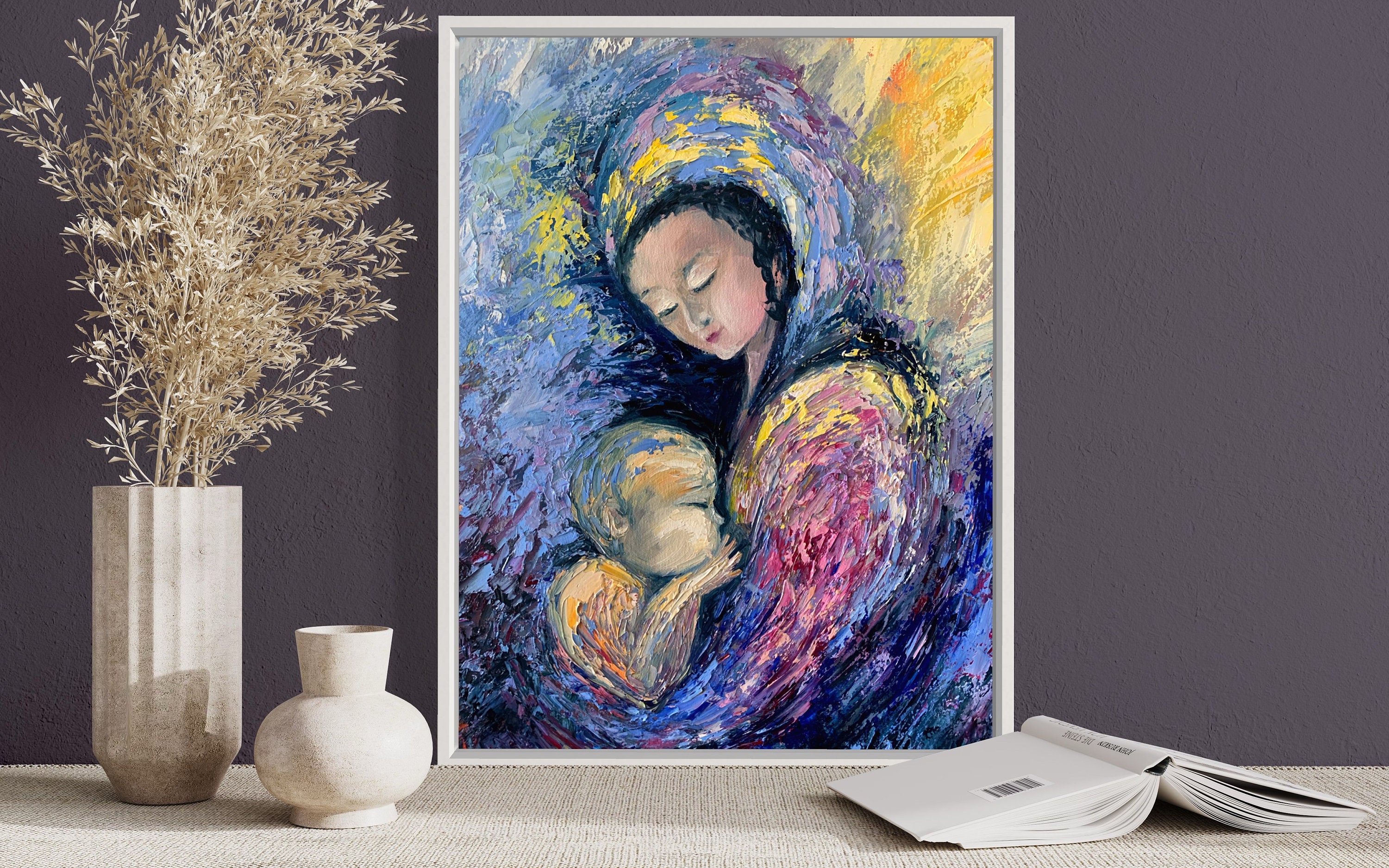Mother and Baby Oil Painting on Canvas Original, Mother With Dark Hair ...