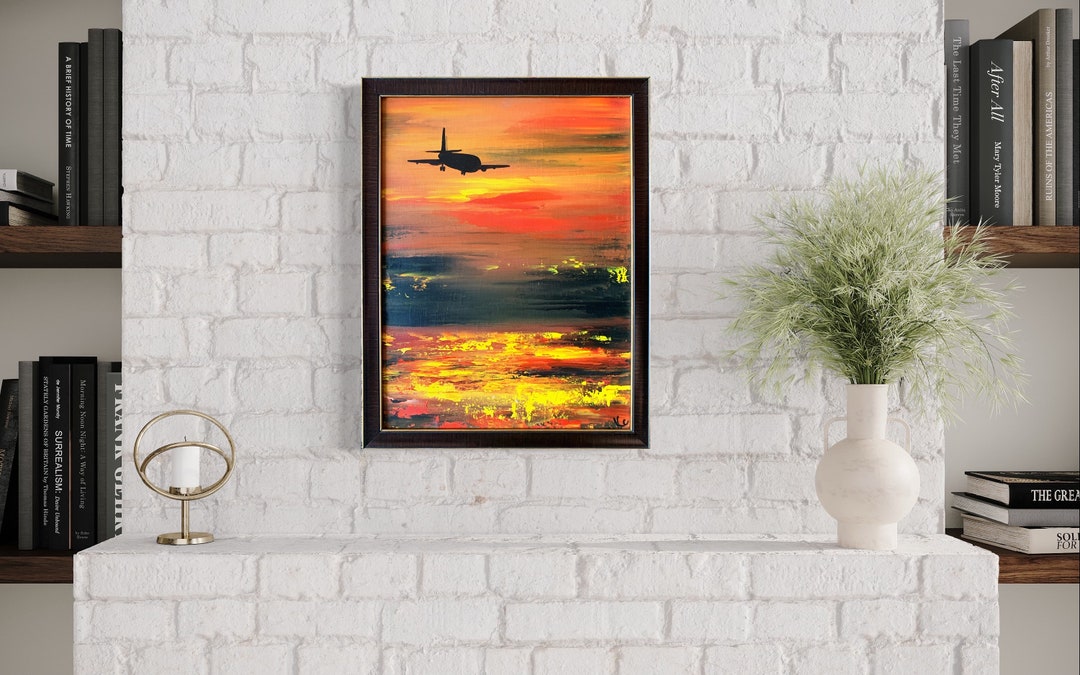 Plane in Sky Sunset, Sunrise Oil Painting Original, Sea Wall Art, , Red ...