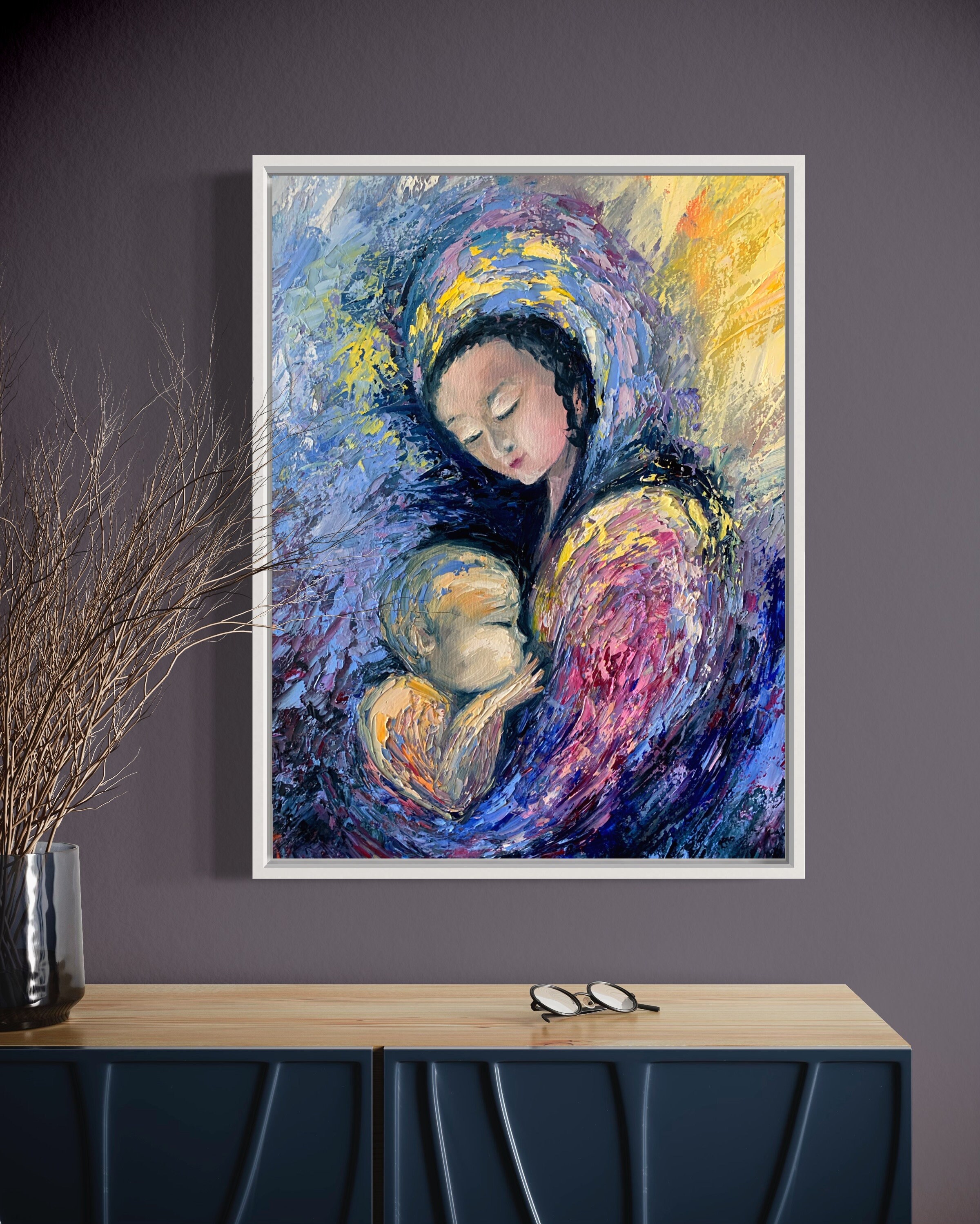 Mother and Baby Oil Painting on Canvas Original, Mother With Dark Hair ...