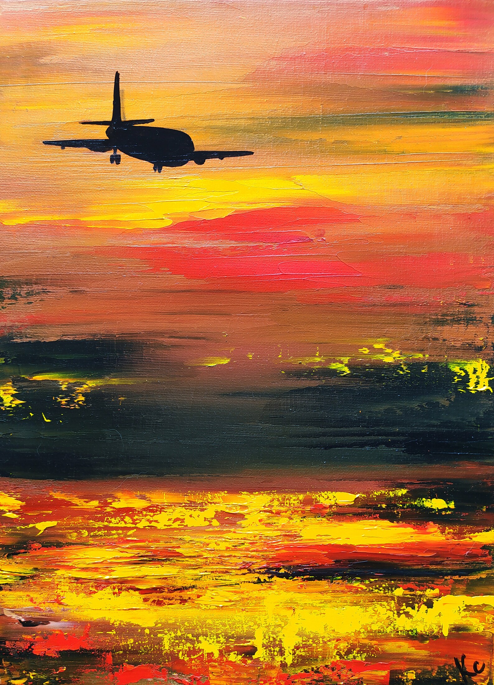 Plane in Sky Sunset, Sunrise Oil Painting Original, Sea Wall Art, , Red ...
