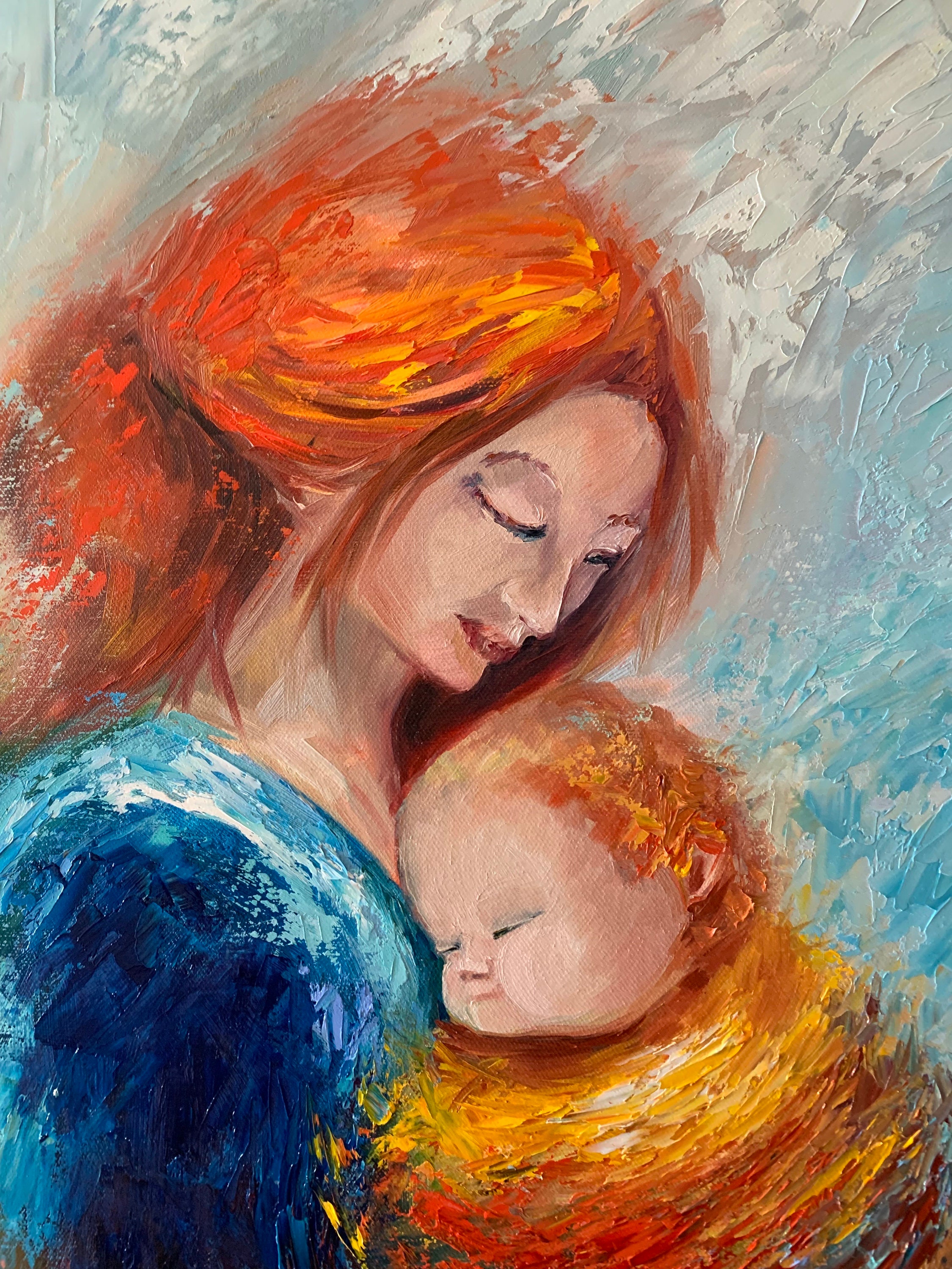 Mother and Child Embrace Textured Oil Painting on Canvas Warm ...