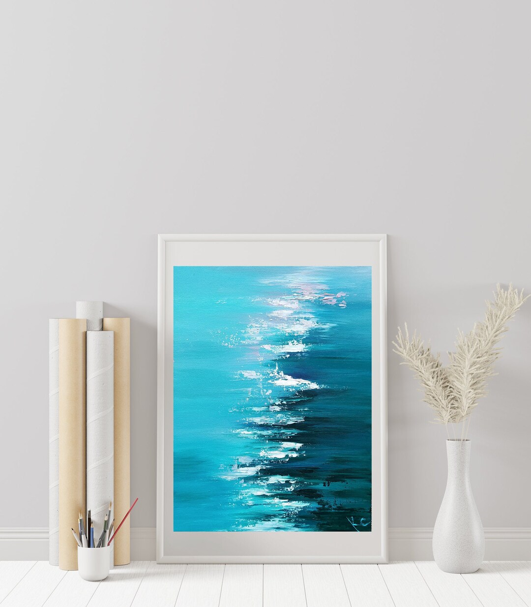 Abstract Ocean Waves Oil Painting Original, Blue Sea Water Wall Art ...