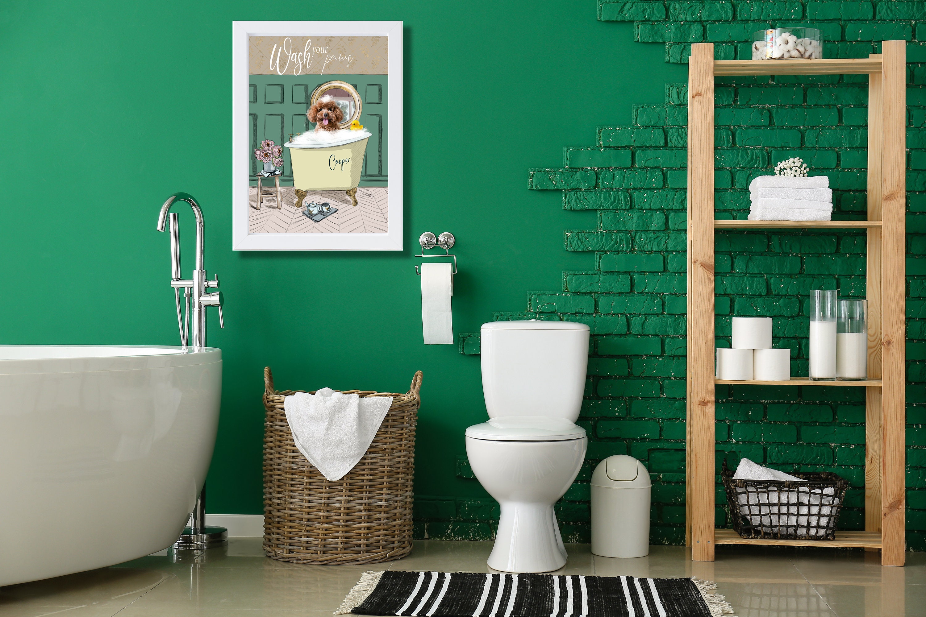 Custom Pet Portrait From Photo Dog in Bathtub Bathroom Art Personalized ...