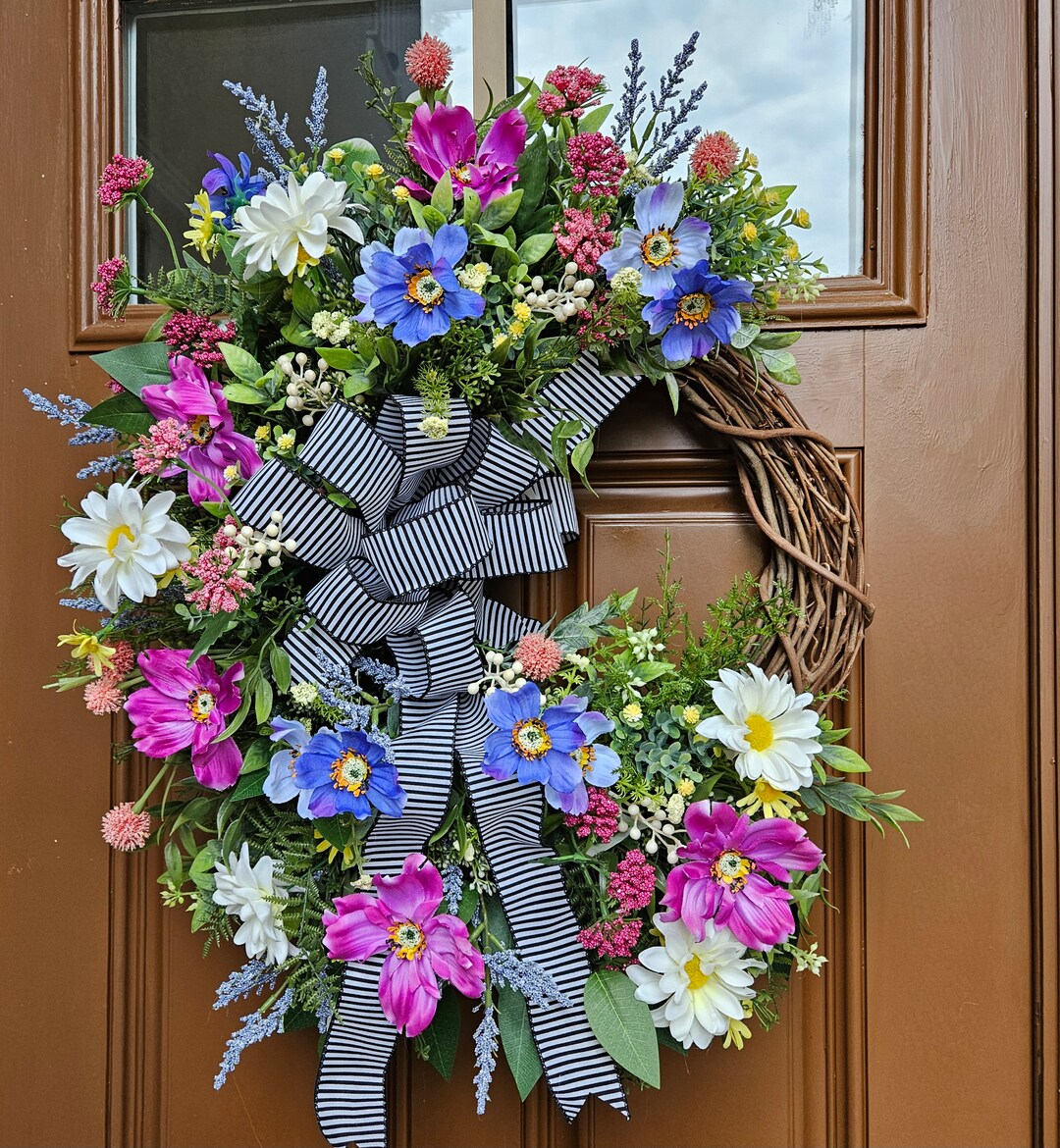 Wildflower Wreath: Coastal Spring Floral With Stripe Bow - Etsy