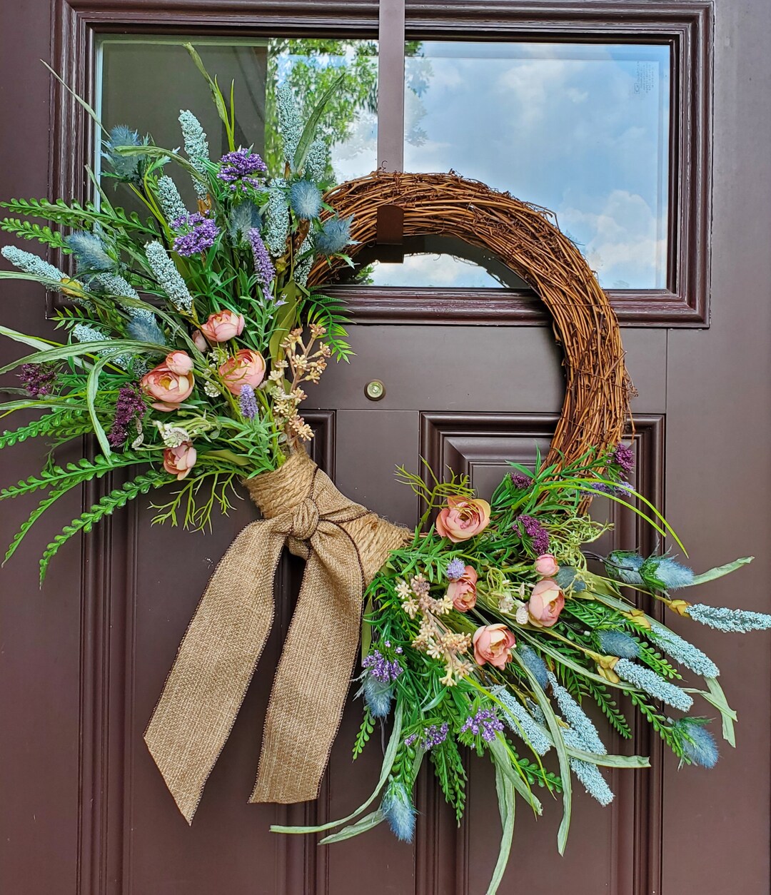 Coastal Wreath for Front Door With Pastel Wildflowers, Coastal Blue ...