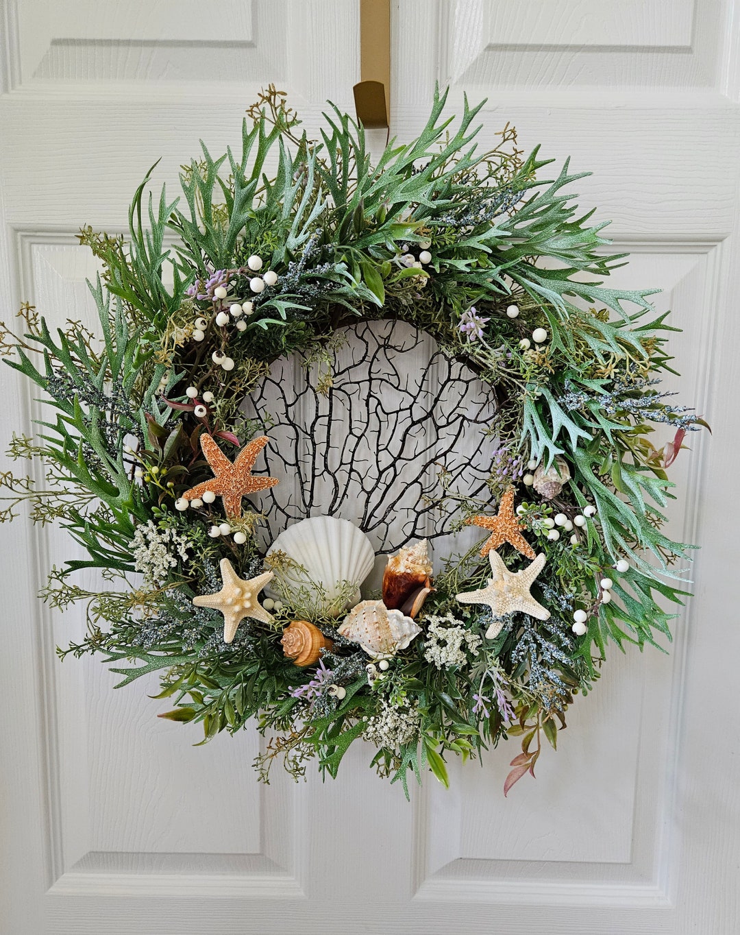 Shoreline Coastal Starfish and Seashell Wreath for Front Door, Beach ...