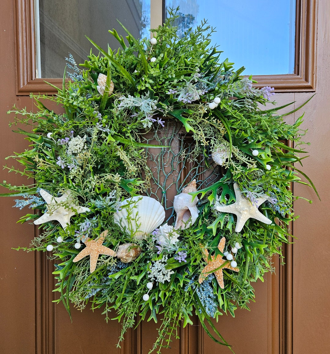 Shoreline Coastal Starfish and Seashell Wreath for Front Door, Beach ...