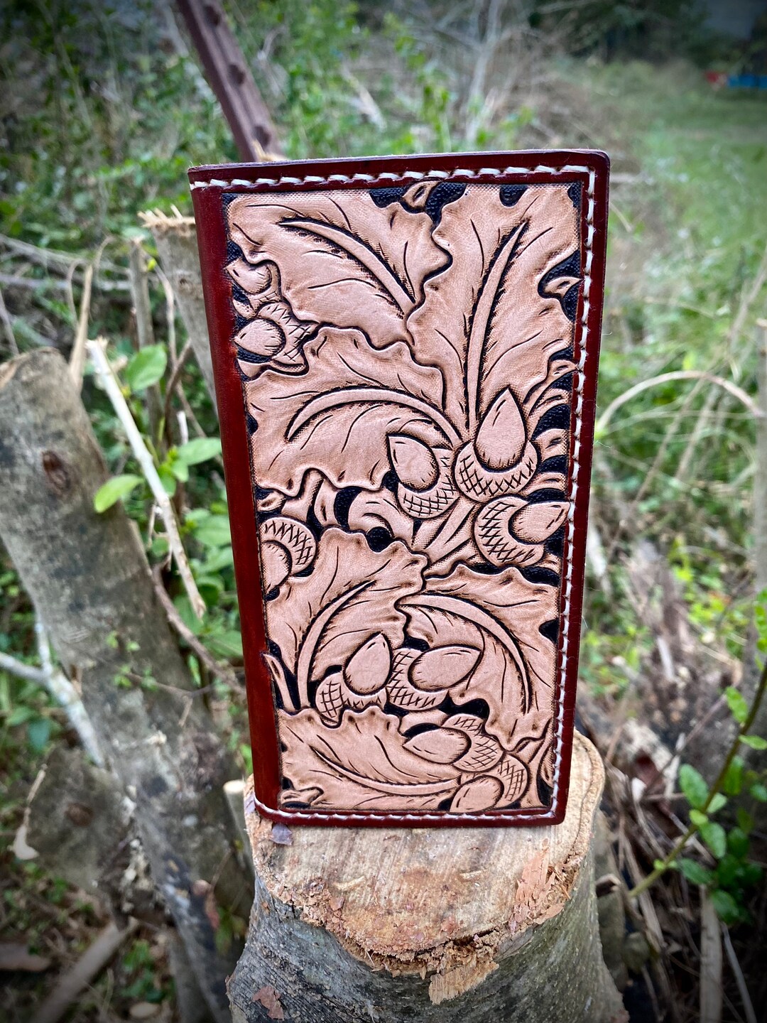 Tooled Leather Roper Wallet Handmade Hand Sewn Oak Leaves and - Etsy