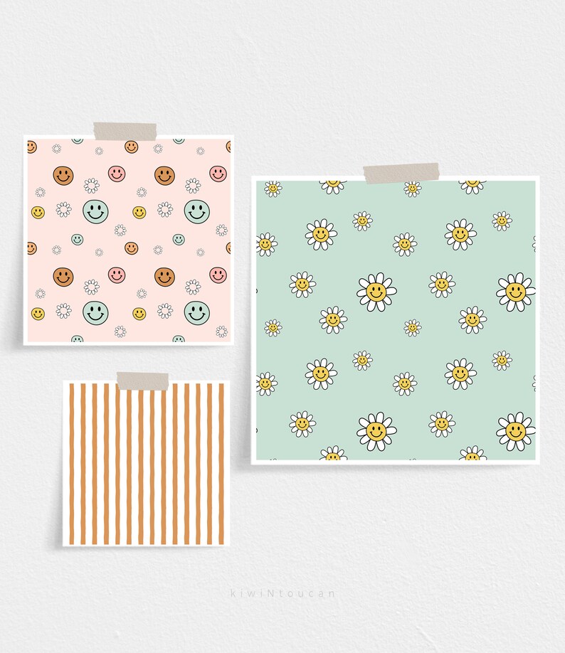 Happy Face Digital Paper Pack, Retro Bohemian Boho, Daisy With Happy ...