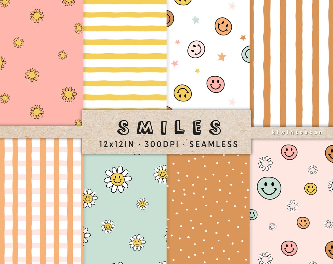 Happy Face Digital Paper Pack, Retro Bohemian Boho, Daisy With Happy ...