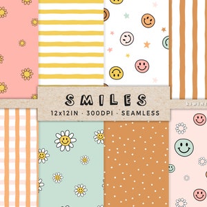 Happy Face Digital Paper Pack, Retro Bohemian Boho, Daisy With Happy ...
