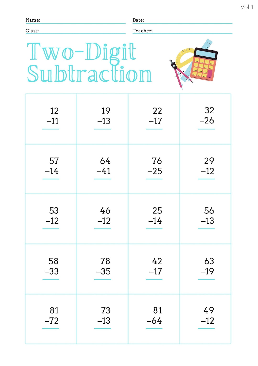 Printable and Downloadable Two-digit Subtraction Worksheets - 4 Unique ...
