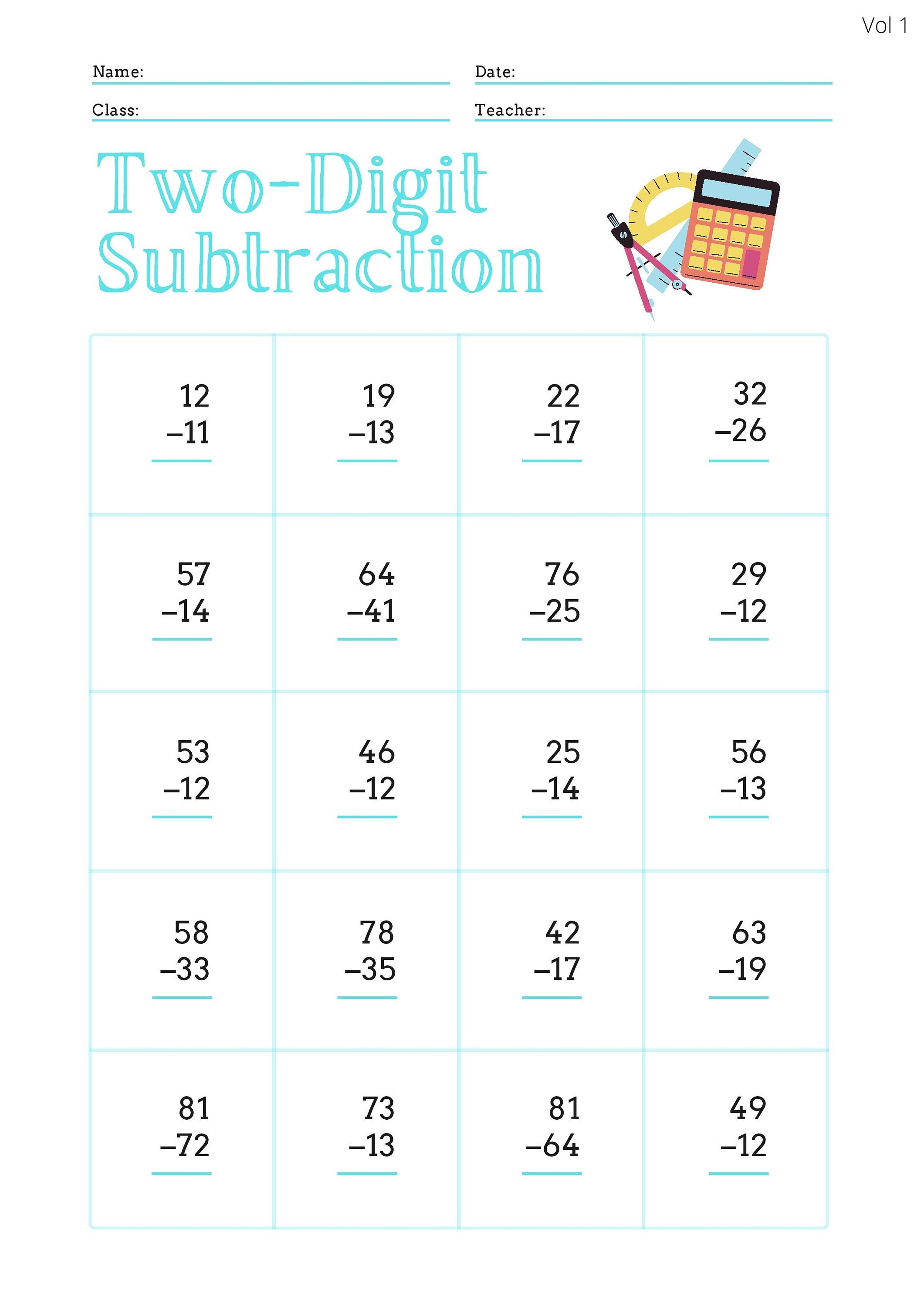 Printable and Downloadable Two-digit Subtraction Worksheets - 4 Unique ...