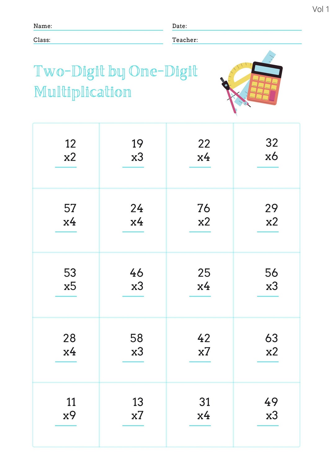 Printable and Downloadable Two-digit by One-digit Multiplication ...