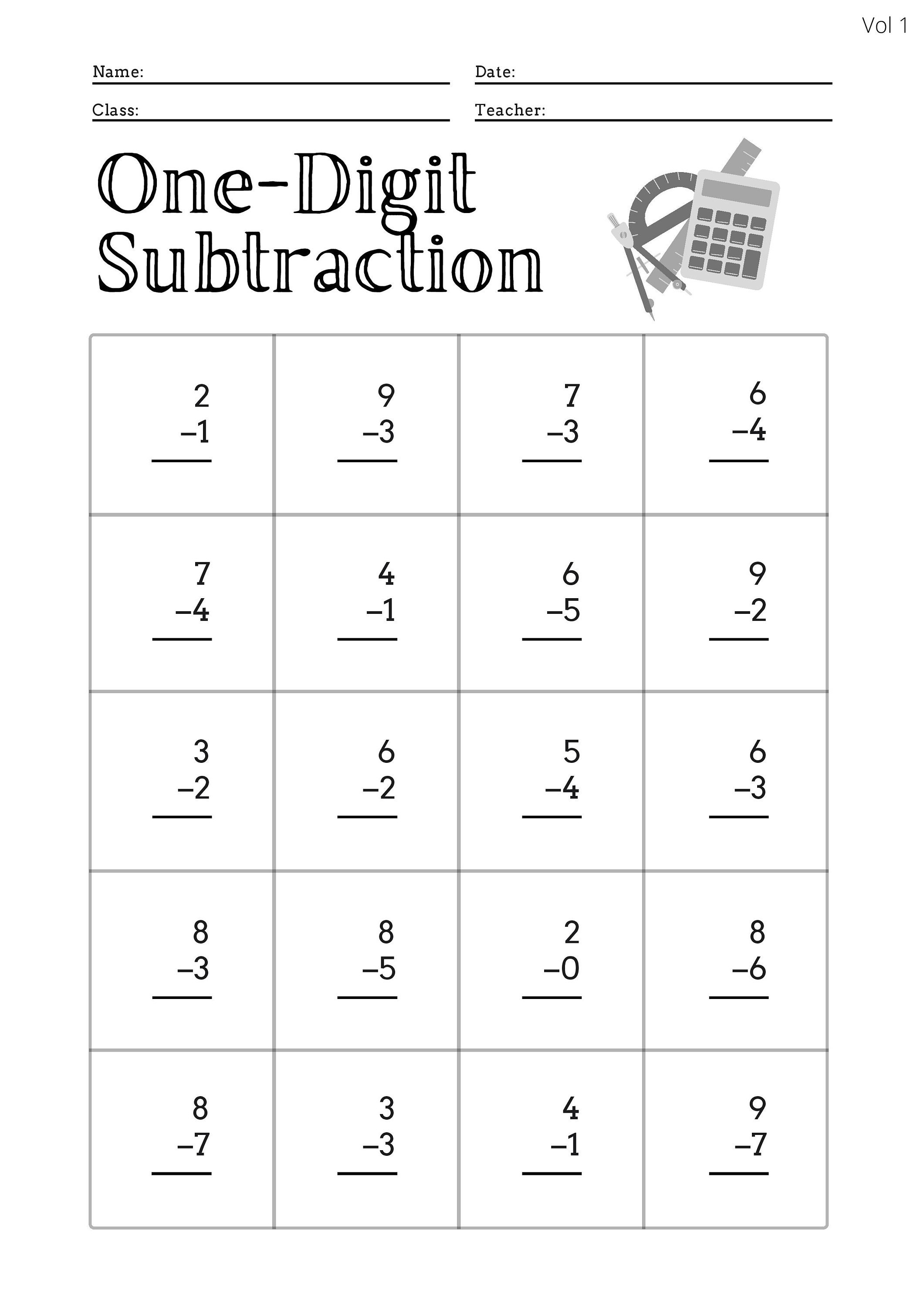 Printable and Downloadable One-digit Subtraction Worksheets - 4 Unique ...