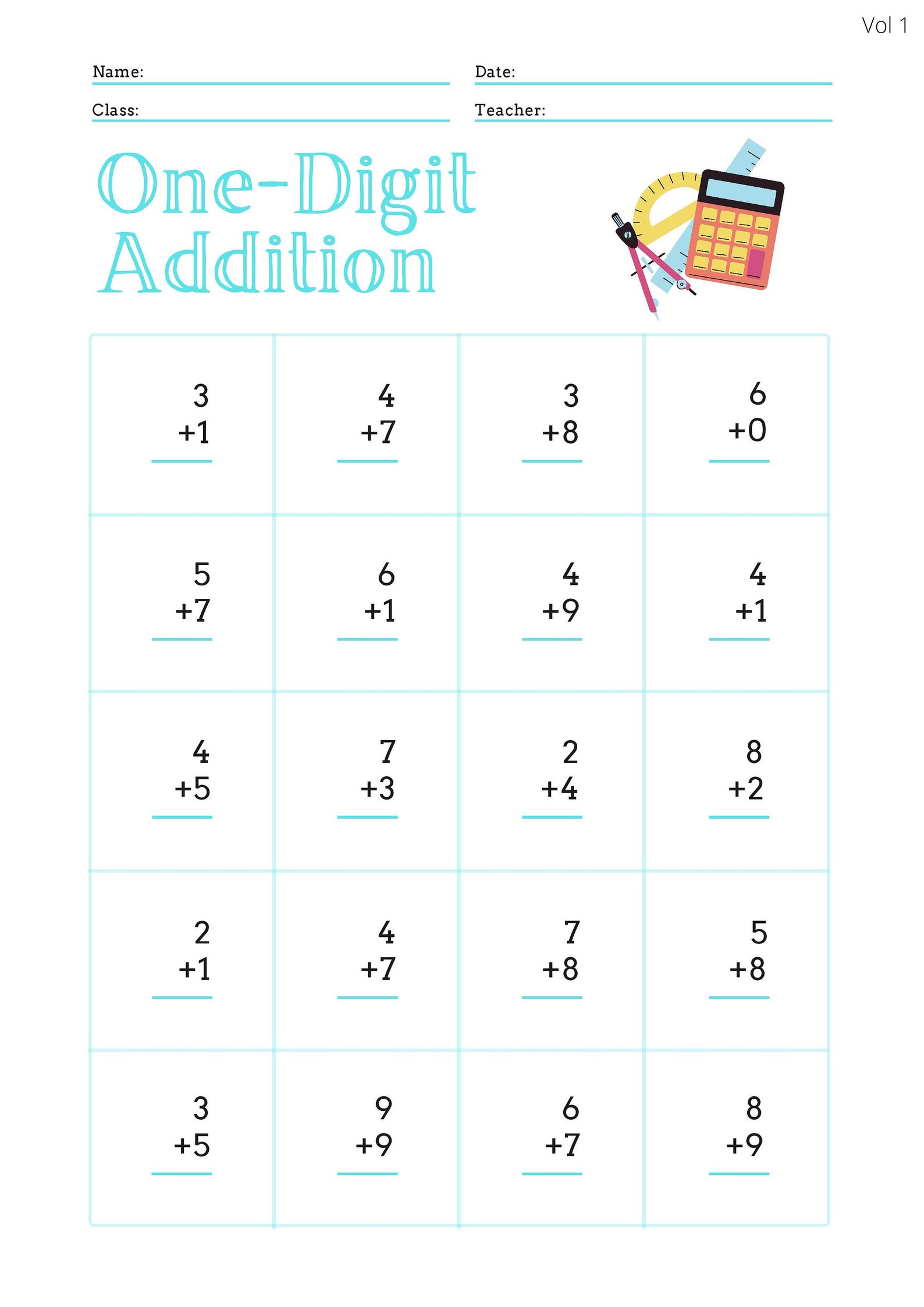Printable and Downloadable One-digit Addition Worksheets - 4 Unique ...