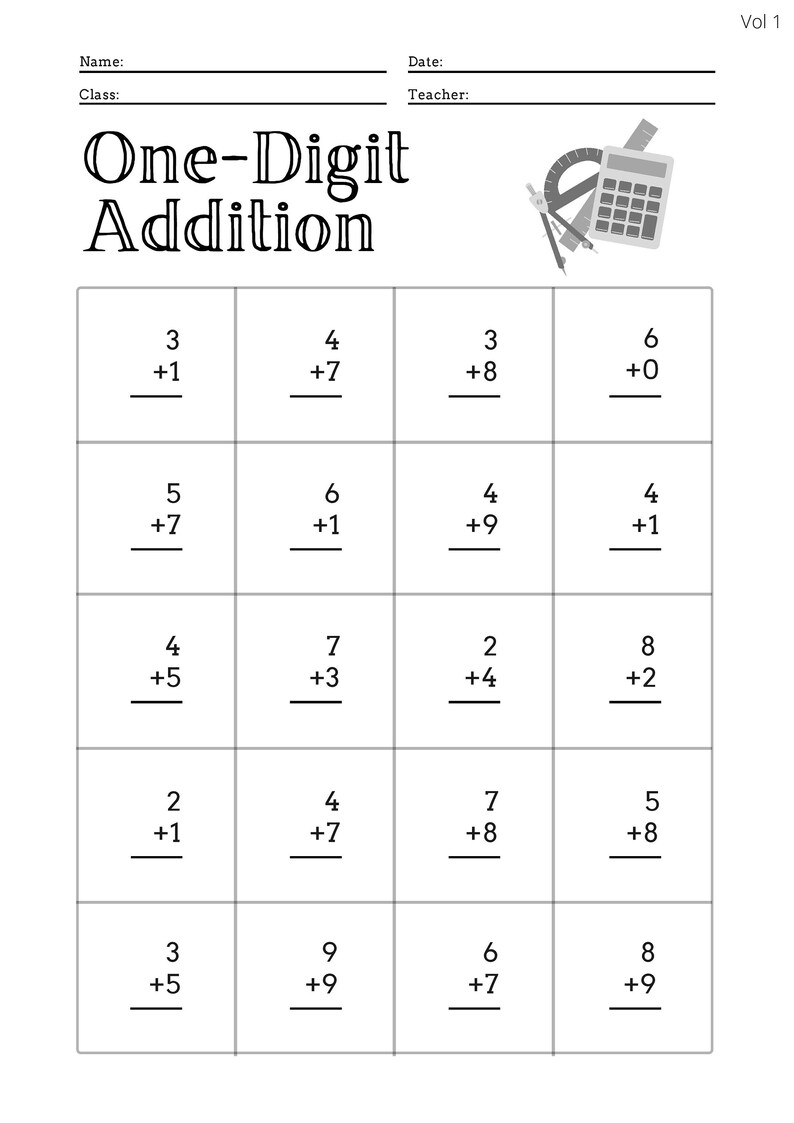 Printable and Downloadable One-digit Addition Worksheets - 4 Unique ...