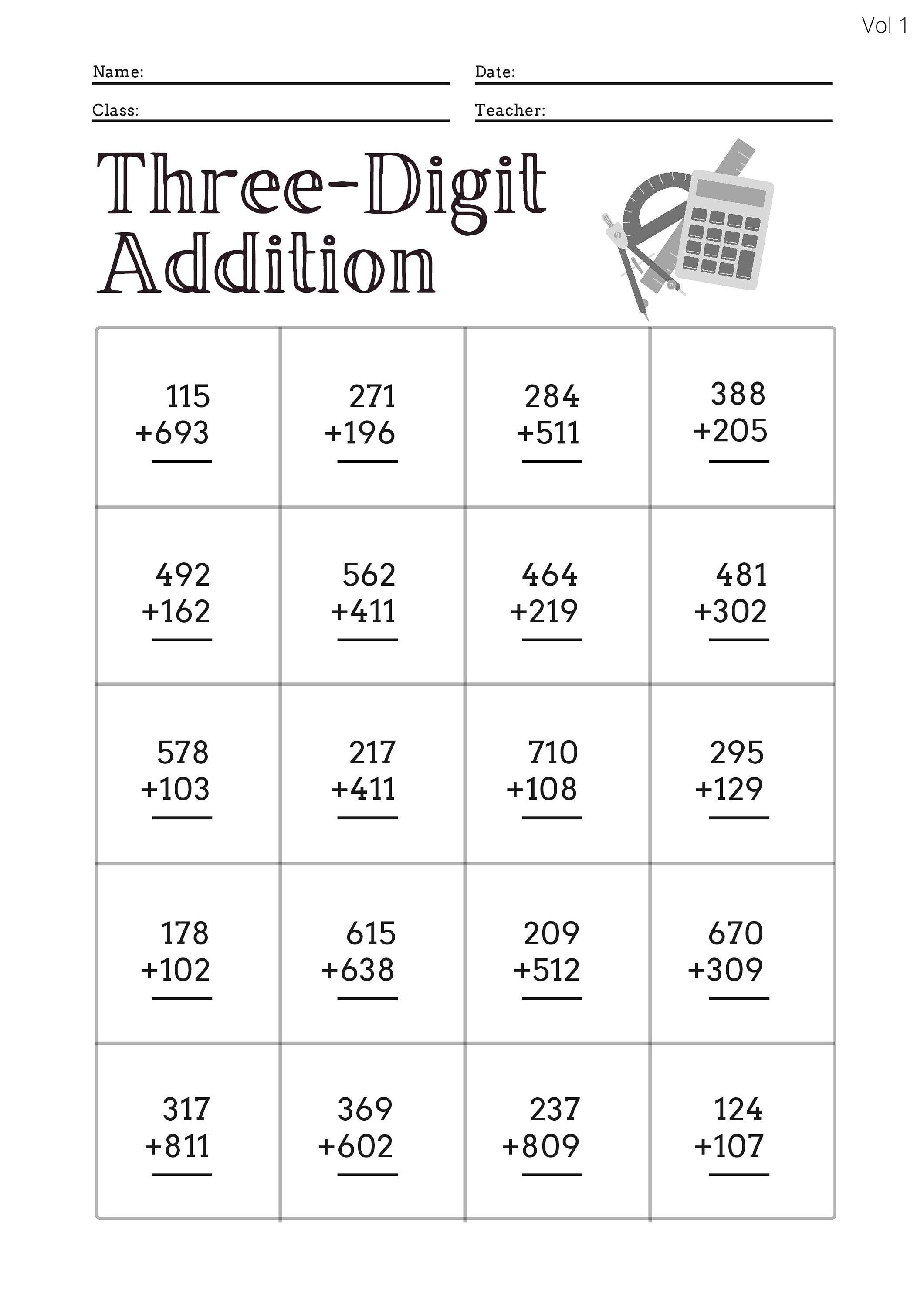 Printable and Downloadable Three-digit Addition Worksheets - 4 Unique ...