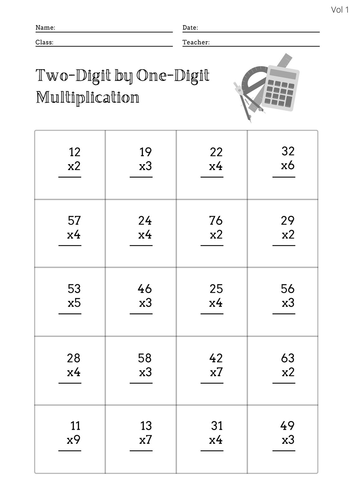 Printable And Downloadable Two digit By One digit Etsy