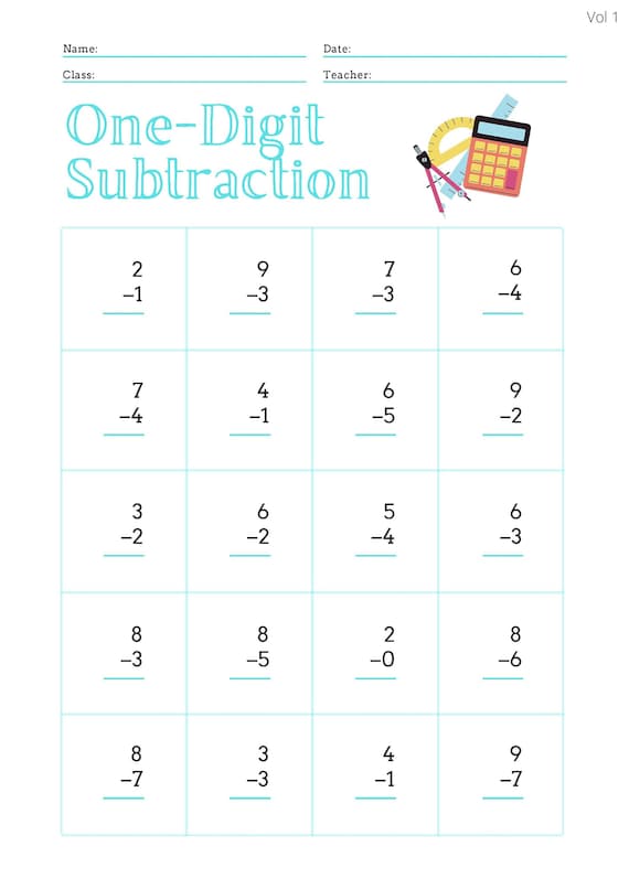 Printable and Downloadable One-digit Subtraction Worksheets - Etsy