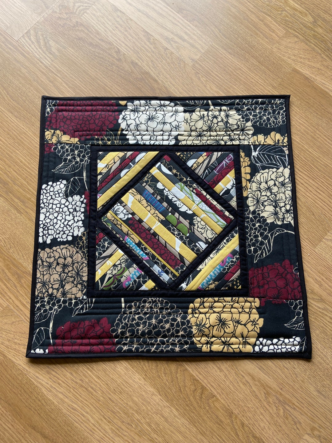 Quilted Table Topper Modern Black Brown Red Mustard Table Top 19"x19 ...