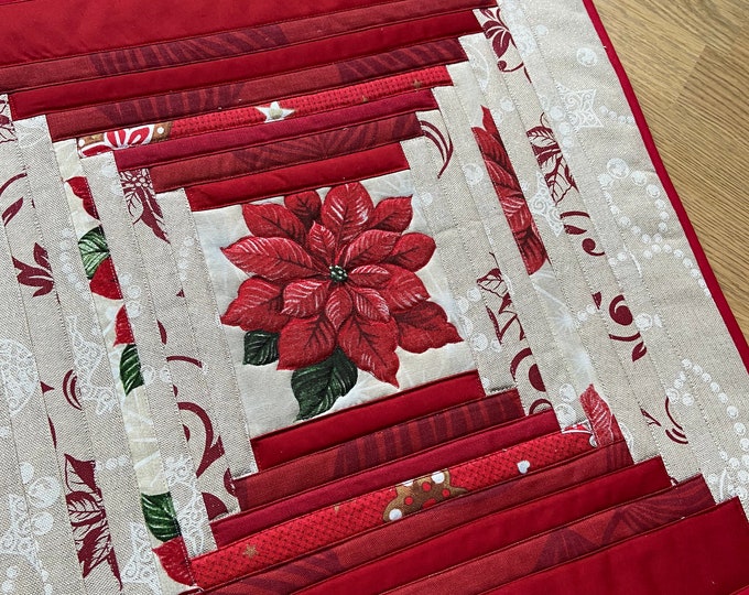 Christmas Table Topper Poinsettia Red Beige Cotton Table Linen Quilted ...