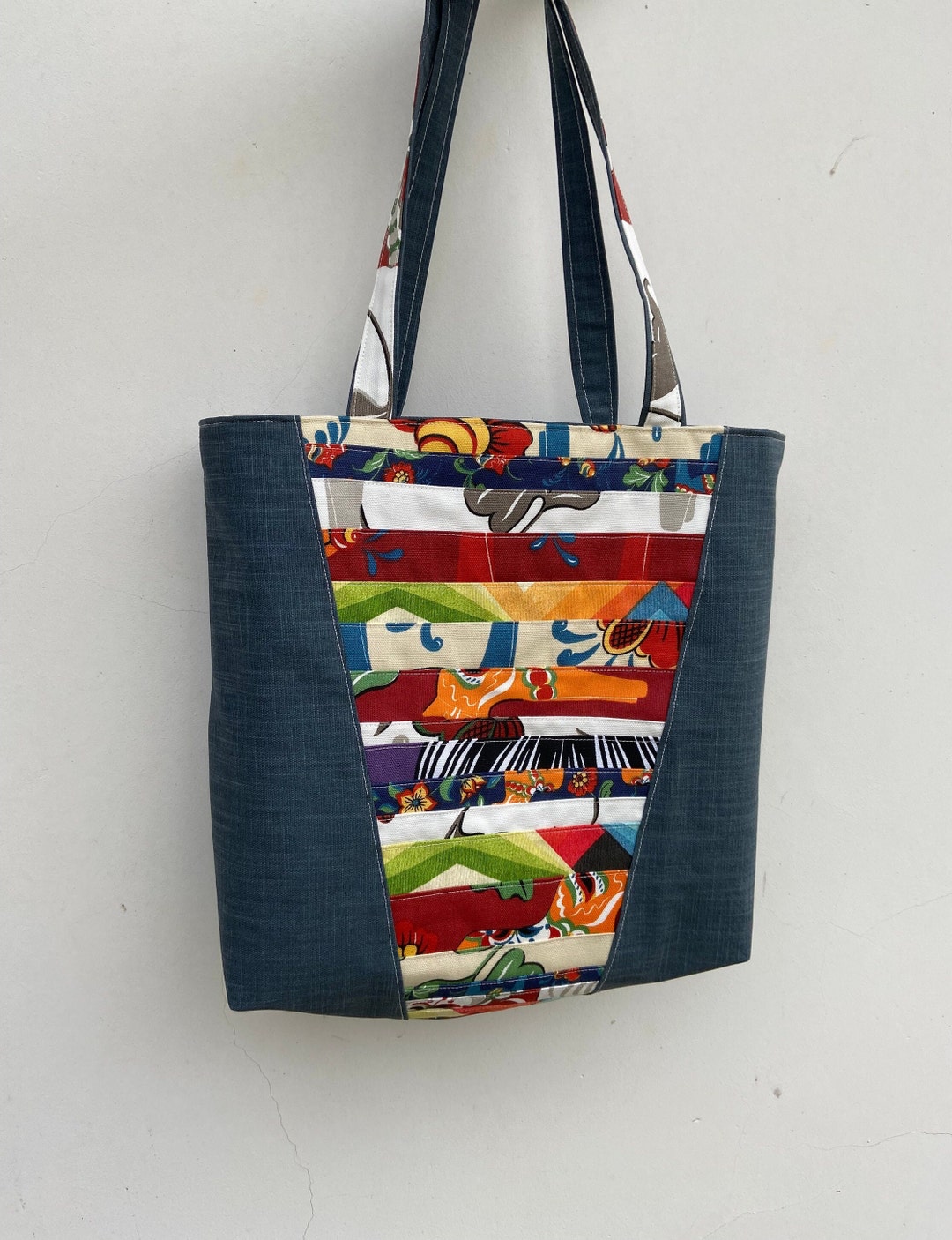 Cotton Canvas Tote Bag: Patchwork Design, Lined Market Bag - Etsy