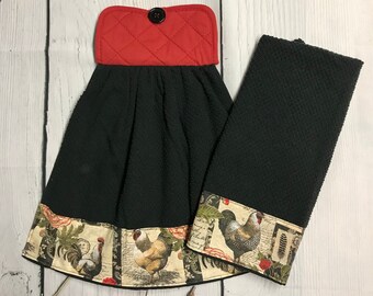 Roses & Roosters Farmhouse Hanging Kitchen Towels With Holders ...