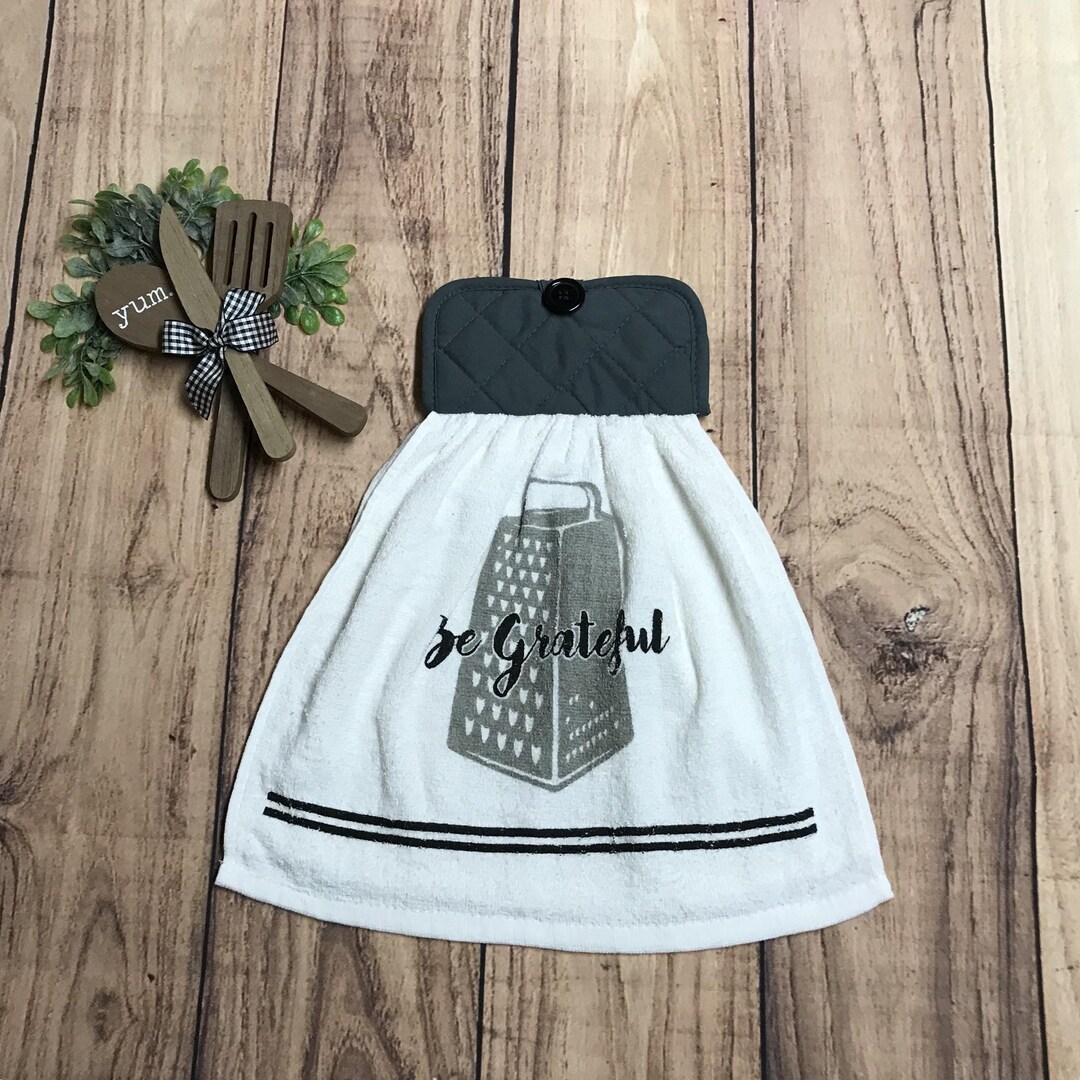 Be Grateful Kitchen Grater Gray and White Hanging Kitchen Towels With ...