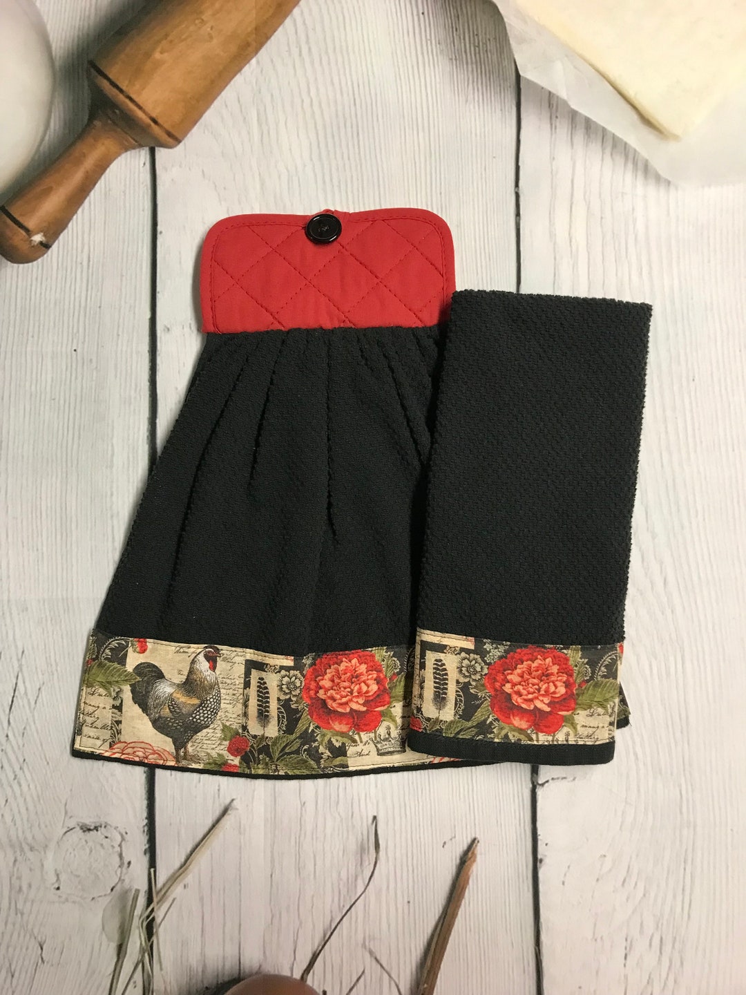 Roses & Roosters Farmhouse Hanging Kitchen Towels With Holders ...