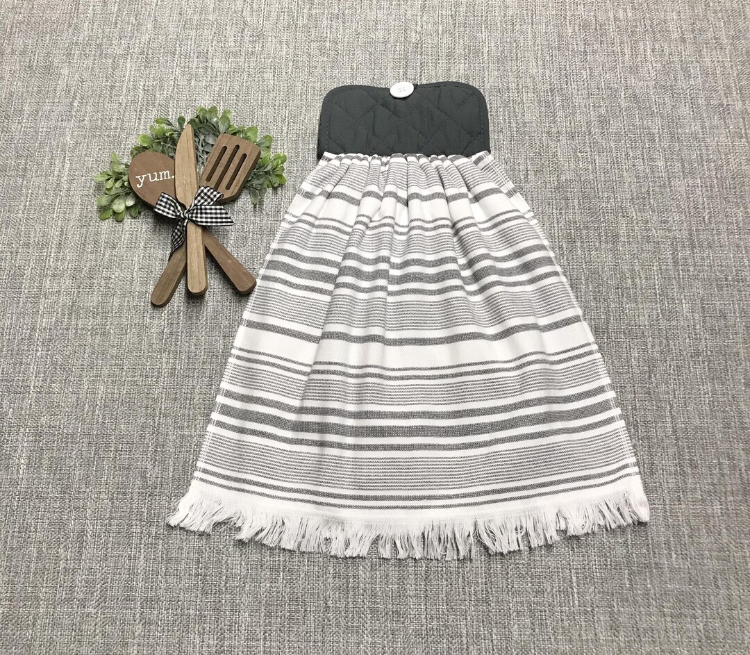 Heavy Oversized Greige Gray Hanging Kitchen Dish Towels With Holders ...