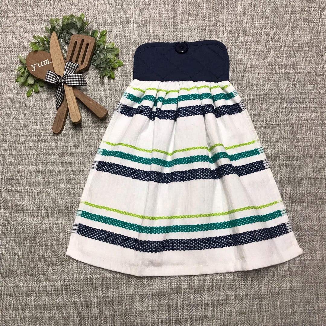Heavy Navy Blue & Green Hanging Kitchen Towel: Button Closure, 100% ...