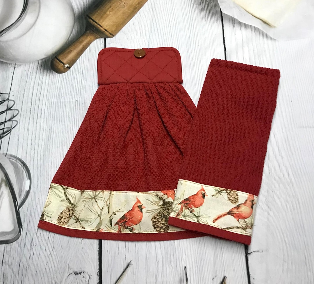 Red Cardinal Kitchen Towel With Pinecones & Holder: Kitchen Gifts - Etsy