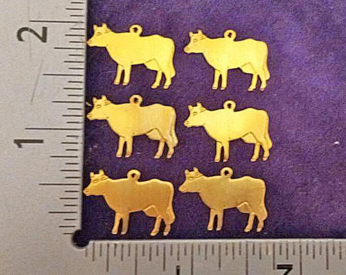 6 COW CHARMS. Raw Brass . With Ring. 3 Pairs. Shellback.one-sided. Flat ...