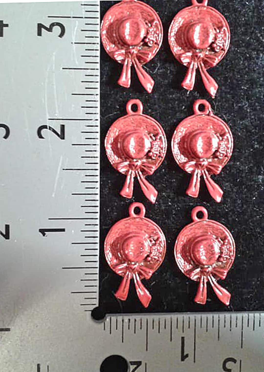 6 RED Wide Brim HAT CHARMS . Enamel Paint on Gold Plated Metal.3 Pairs ...