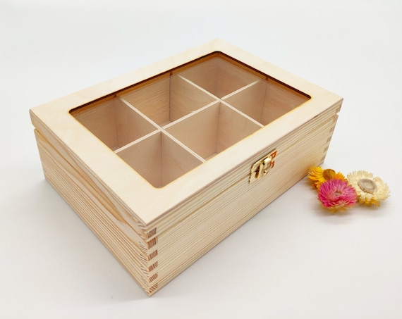 Wooden Tea Box With Glass Lid and 6 Compartments Unfinished - Etsy