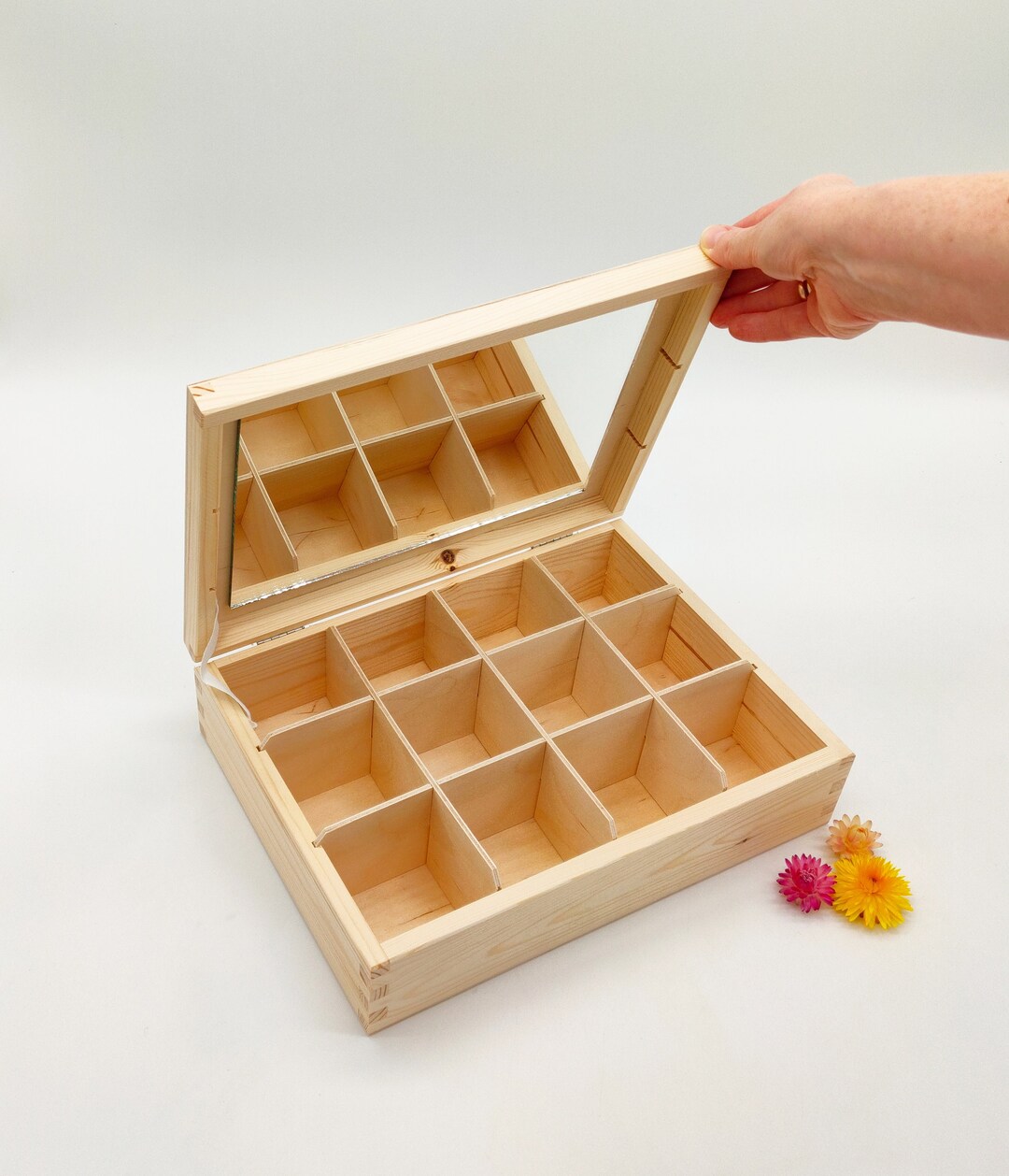 Wooden Box With 12 Compartments and Mirror | Unfinished Wooden Box ...