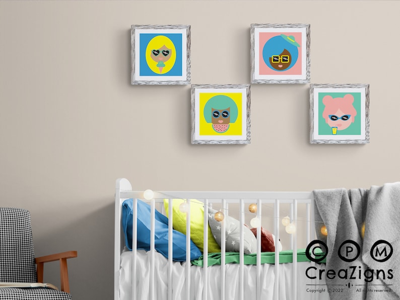 Set of 4, Summer People Artwork, Cartoon Kids Art, Digital Print, Home ...