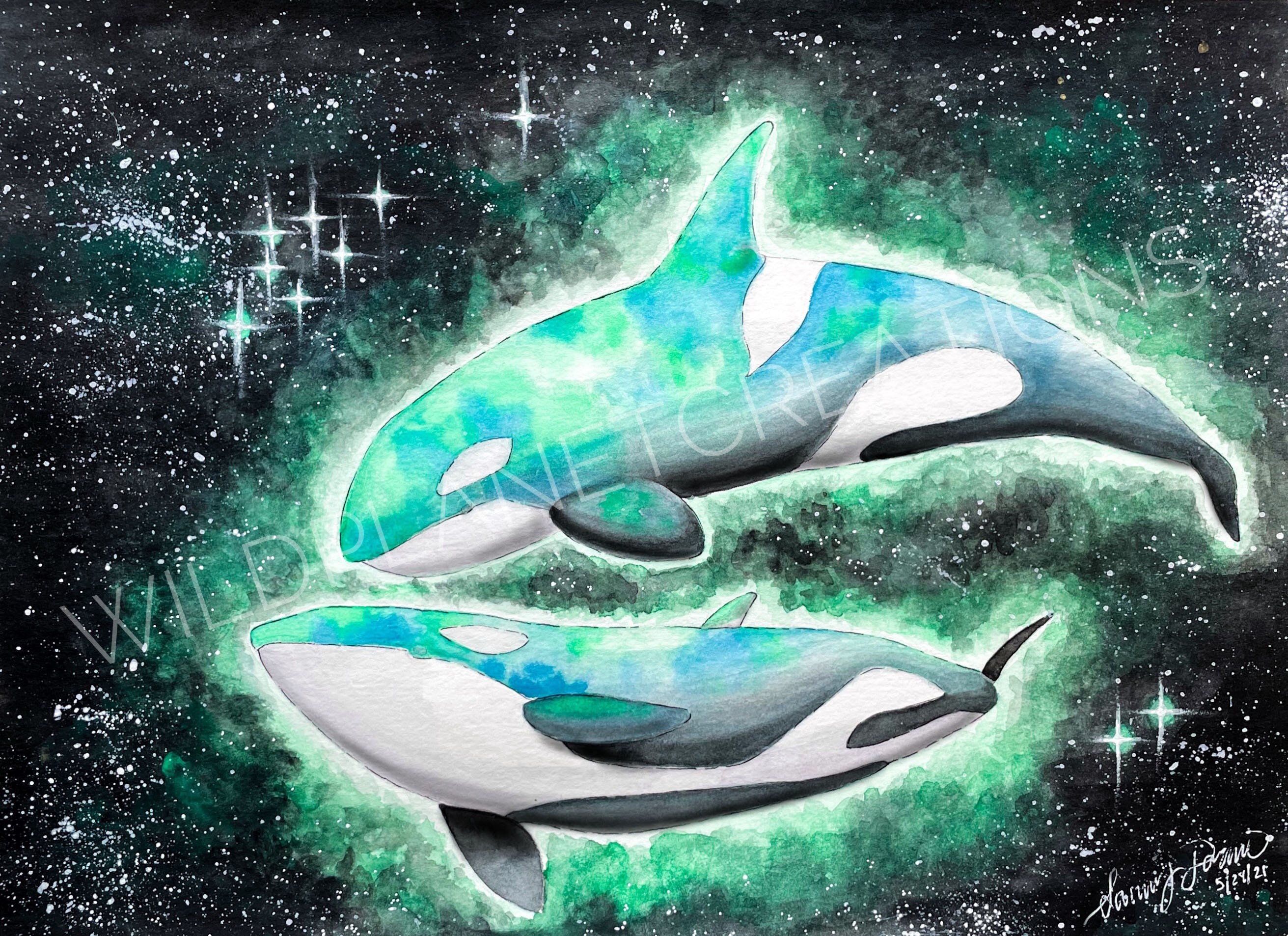 Orca Painting Cosmic Orca Orca Pod Watercolor Painting | Etsy