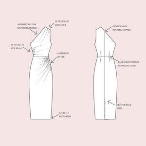 Women's One Shoulder Tuck Dress, Ladies Downloadable Printable PDF ...